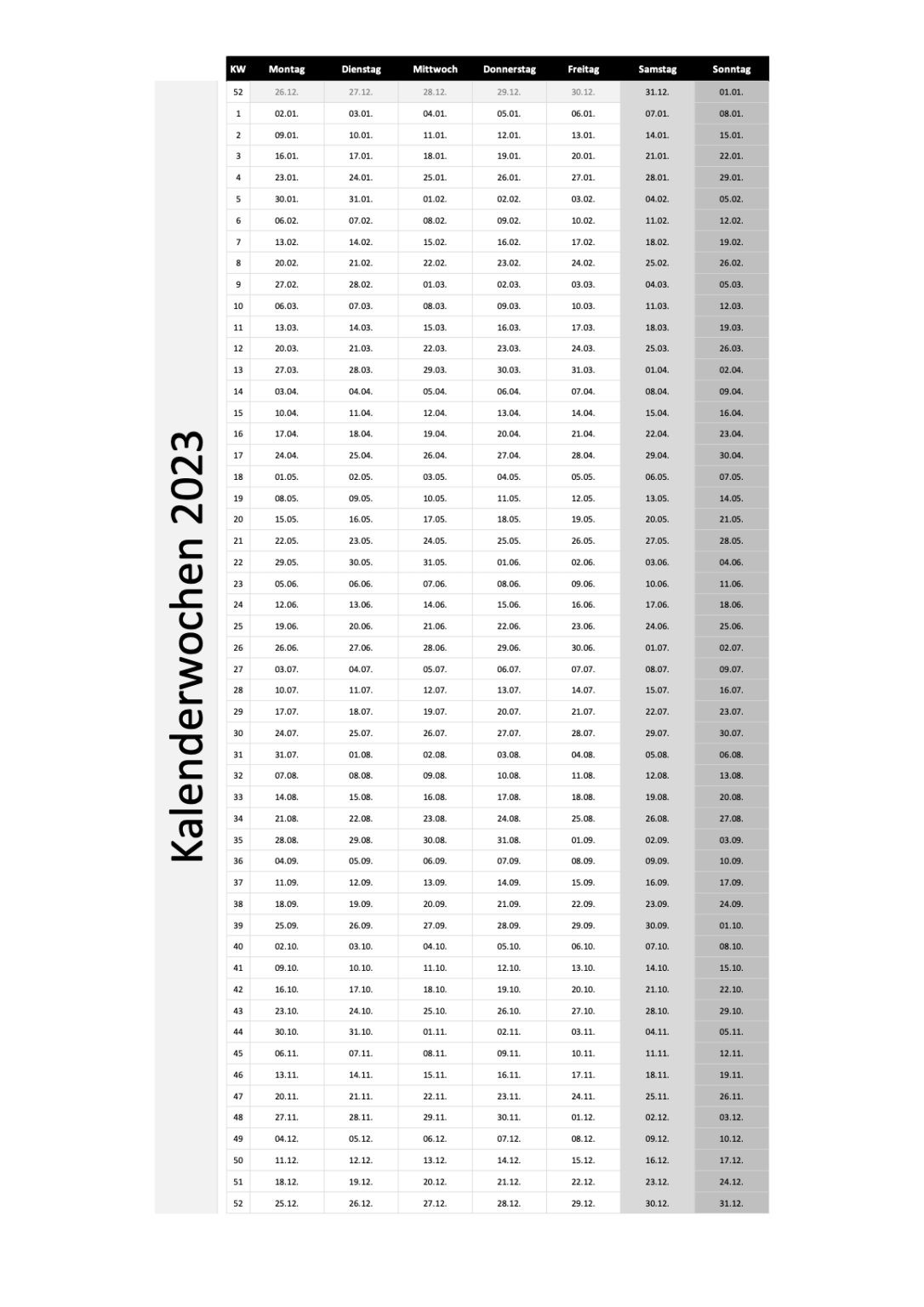 Kalenderwochen 2023 Schweiz (Excel & PDF)